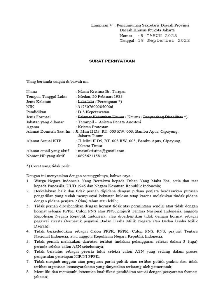 Contoh Surat Pernyataan PPPK 2023 | PDF