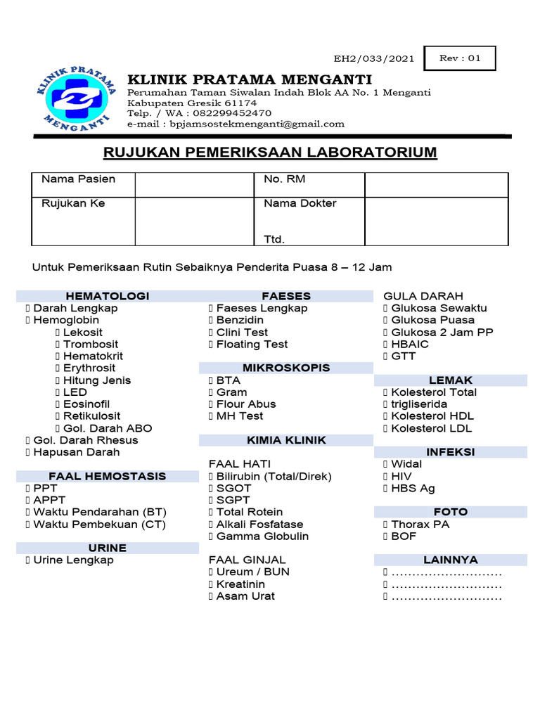 Format Formulir Rujukan Pemeriksaan Lab | PDF