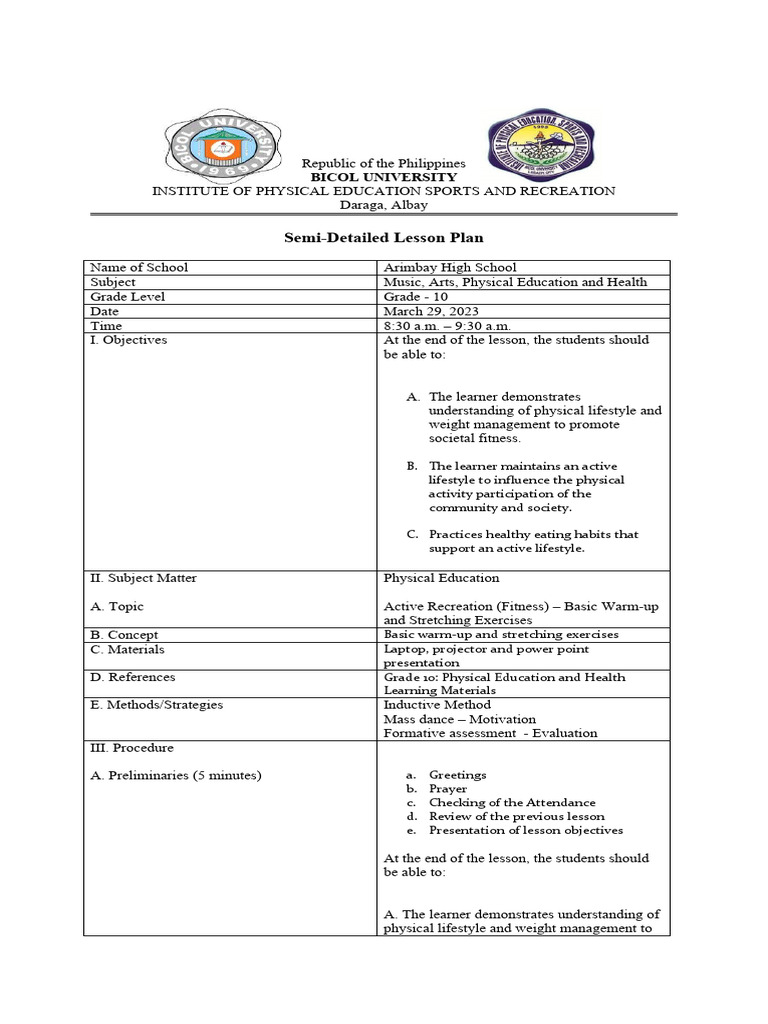 Semi Detailed LP | PDF | Physical Education | Learning