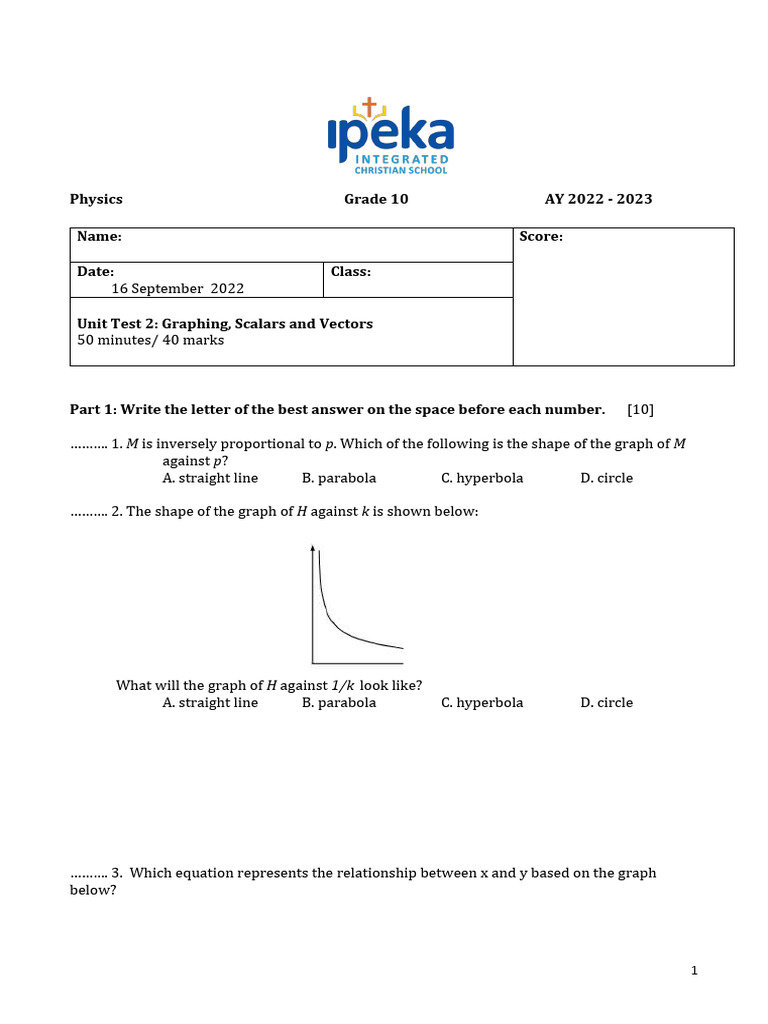 Assessment Unit Test Graphing Scalars and Vectors With Answers | PDF ...
