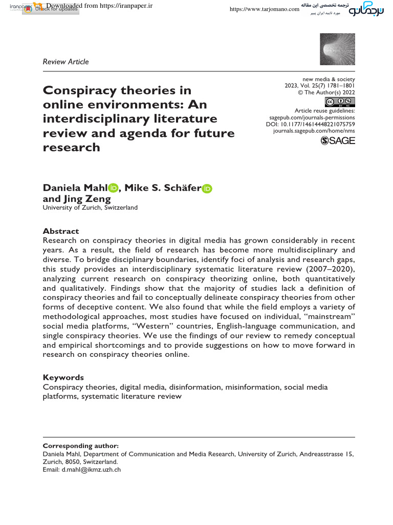 Conspiracy Theories in Online Environments: An Interdisciplinary ...