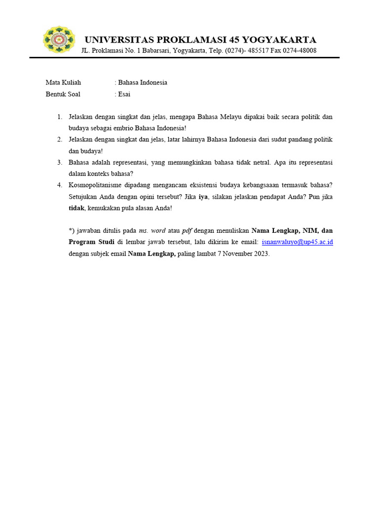 Soal UTS B INDO UP45 2023 | PDF