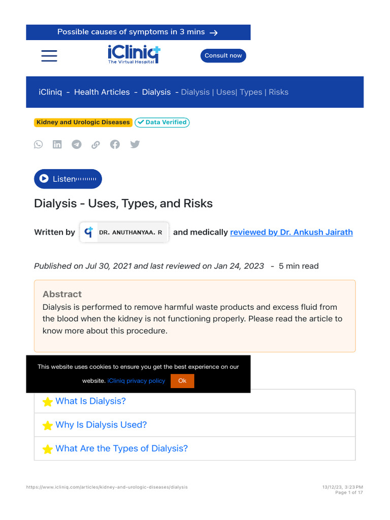 Dialysis - Uses - Types - Risks | PDF | Hemodialysis | Chronic Kidney ...