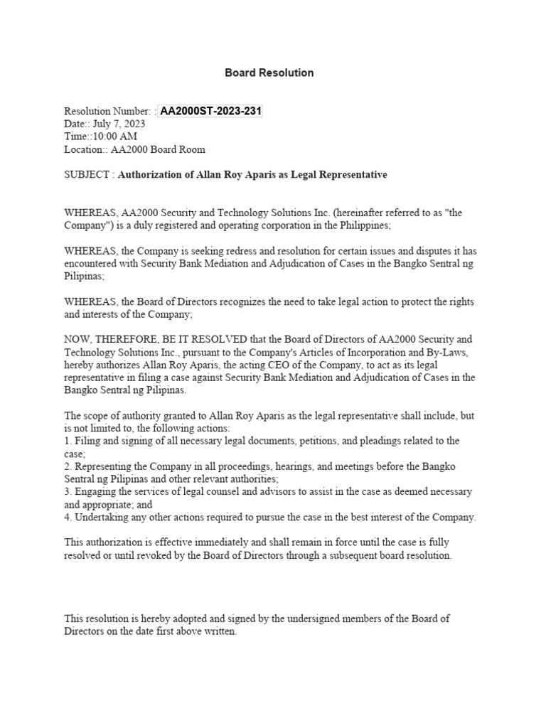 Board Resolution-security bank | PDF