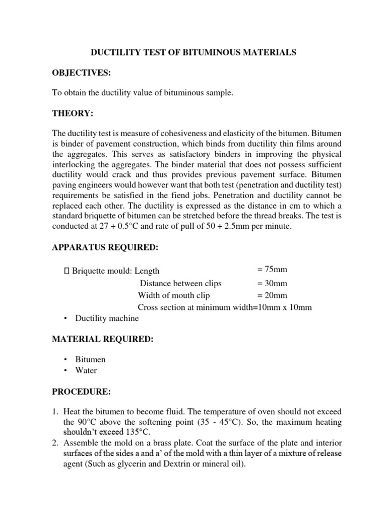 DUCTILITY TEST OF BITUMINOUS MATERIALS | PDF | Ductility | Fracture