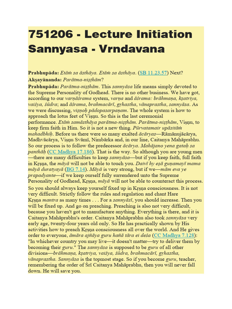 Sannyasa Initiation Lecture - Transcription | PDF | Vedanta | Krishna