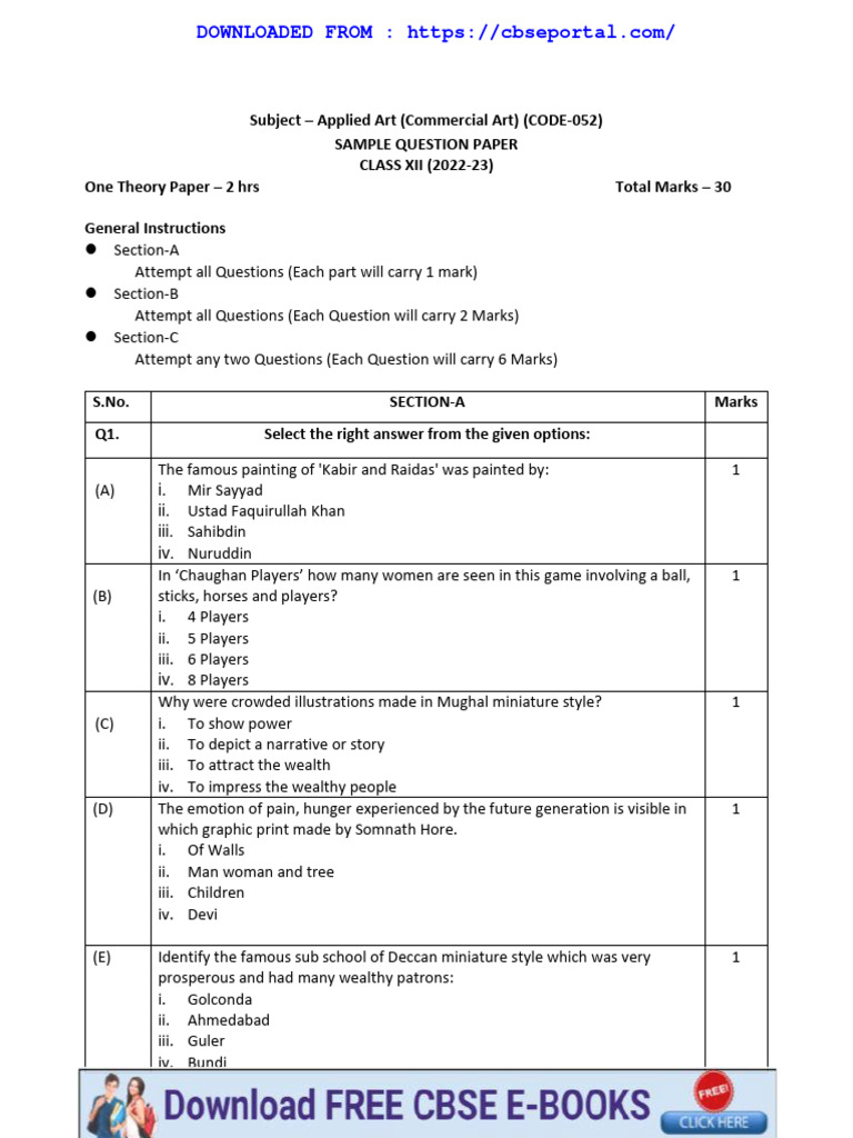 Class 12 Fine Arts Sample Paper 2022-23 | PDF | Paintings | Aesthetics