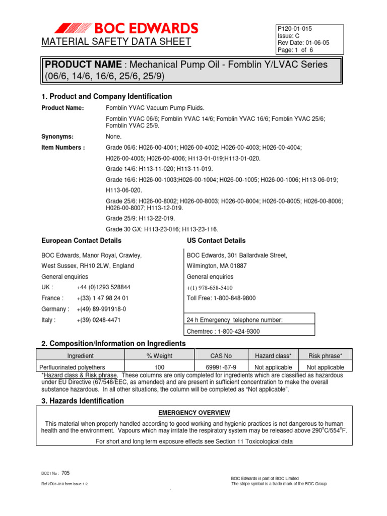 Fomblin Y/LVAC Series Safety Data Sheet | PDF | Hazards | Superfund