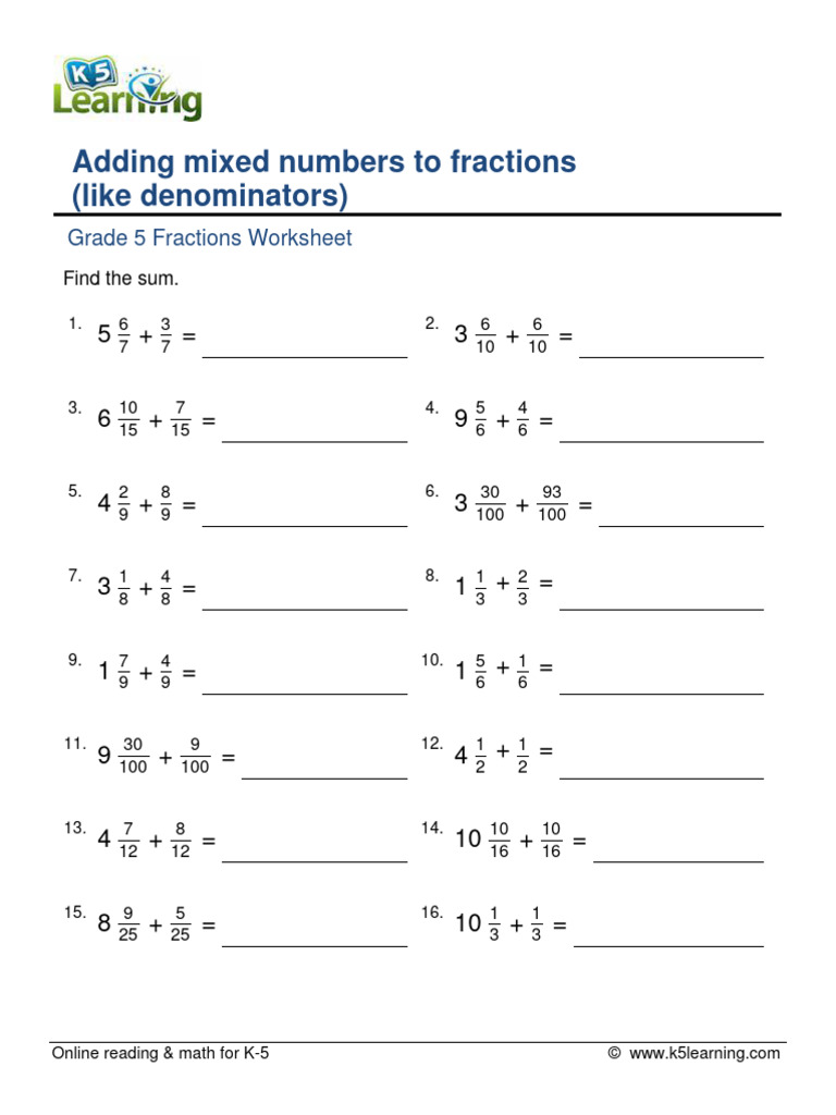 Grade 5 Adding Mixed Numbers Fractions Like Denominators | PDF | Lexicology | Signal Processing