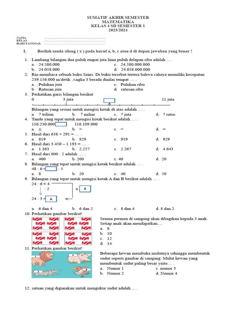 Sumatif Akhir Semester MTK KLS 4 | PDF