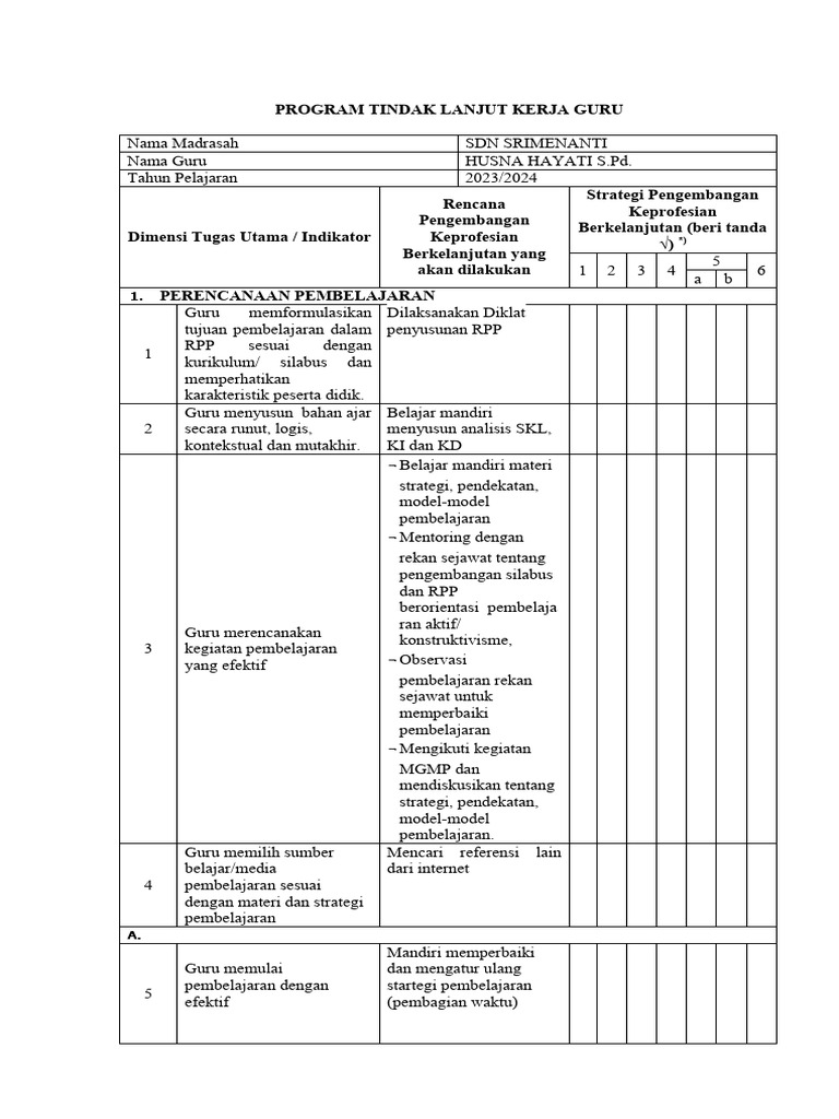 Rencana Tindak Lanjut Buku Kerja Guru | PDF