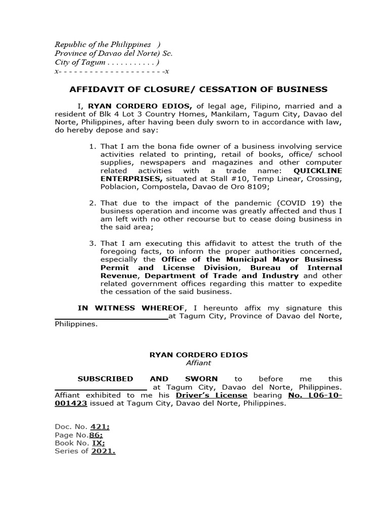 AFFIDAVIT OF CLOSURE | PDF
