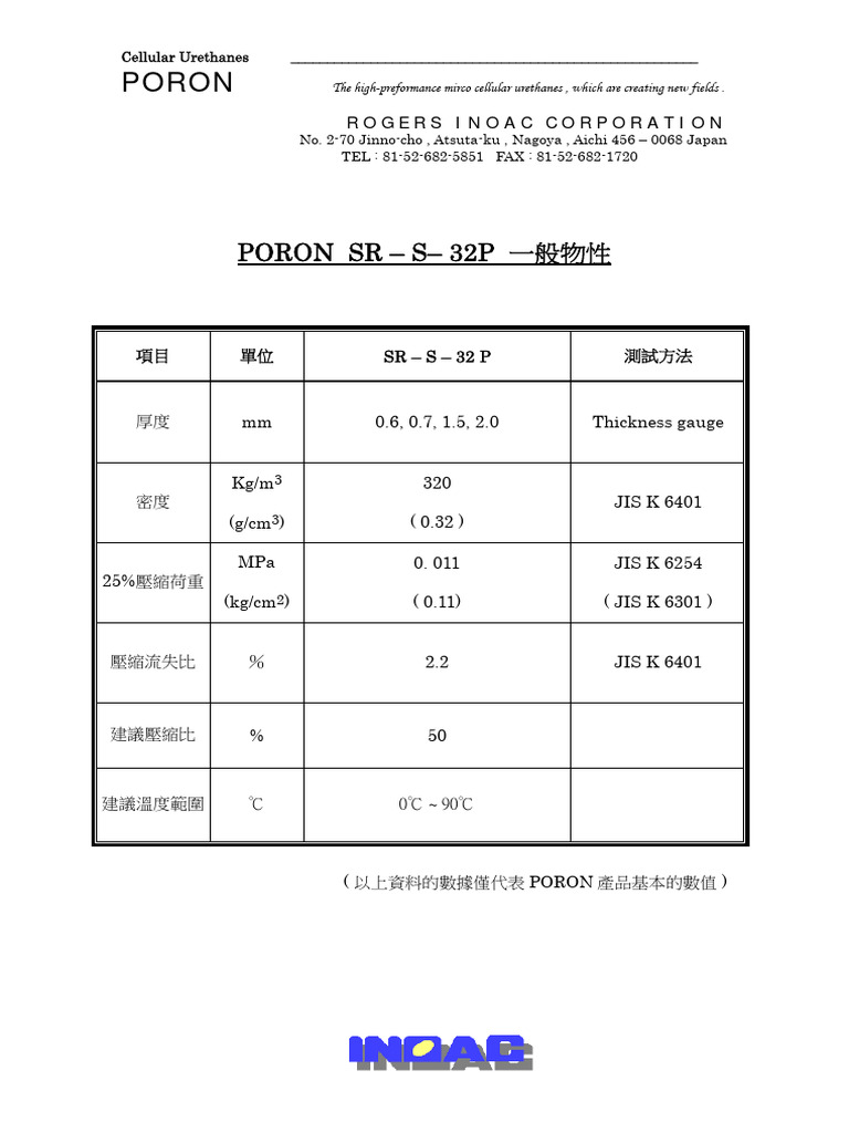 Poron: PORON SR - S- 32P 一般物性 | PDF