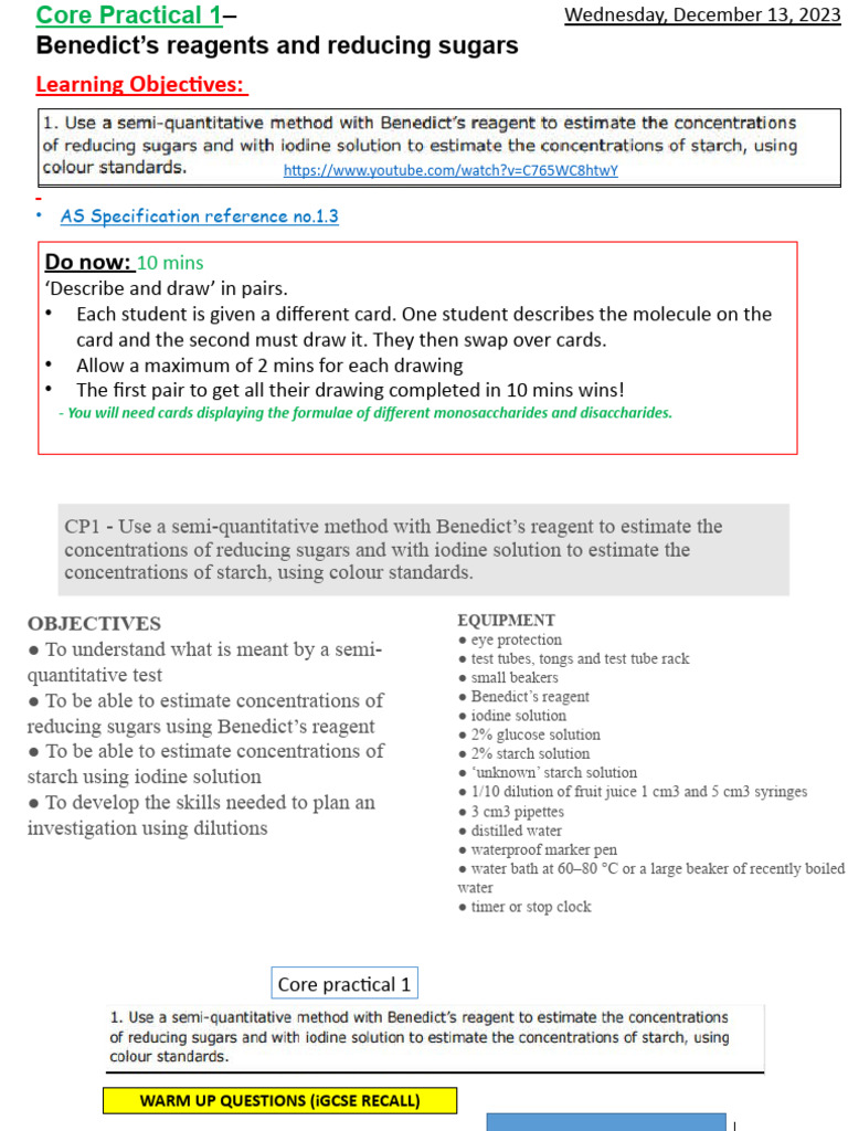 Lesson 3 - CP1 Benedicts Core Practical | PDF | Sucrose | Chemistry