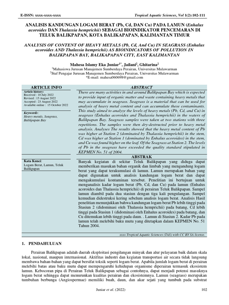 Analisis Kandungan Logam Berat (PB, CD, Dan Cu) Pada Lamun (Enhalus ...