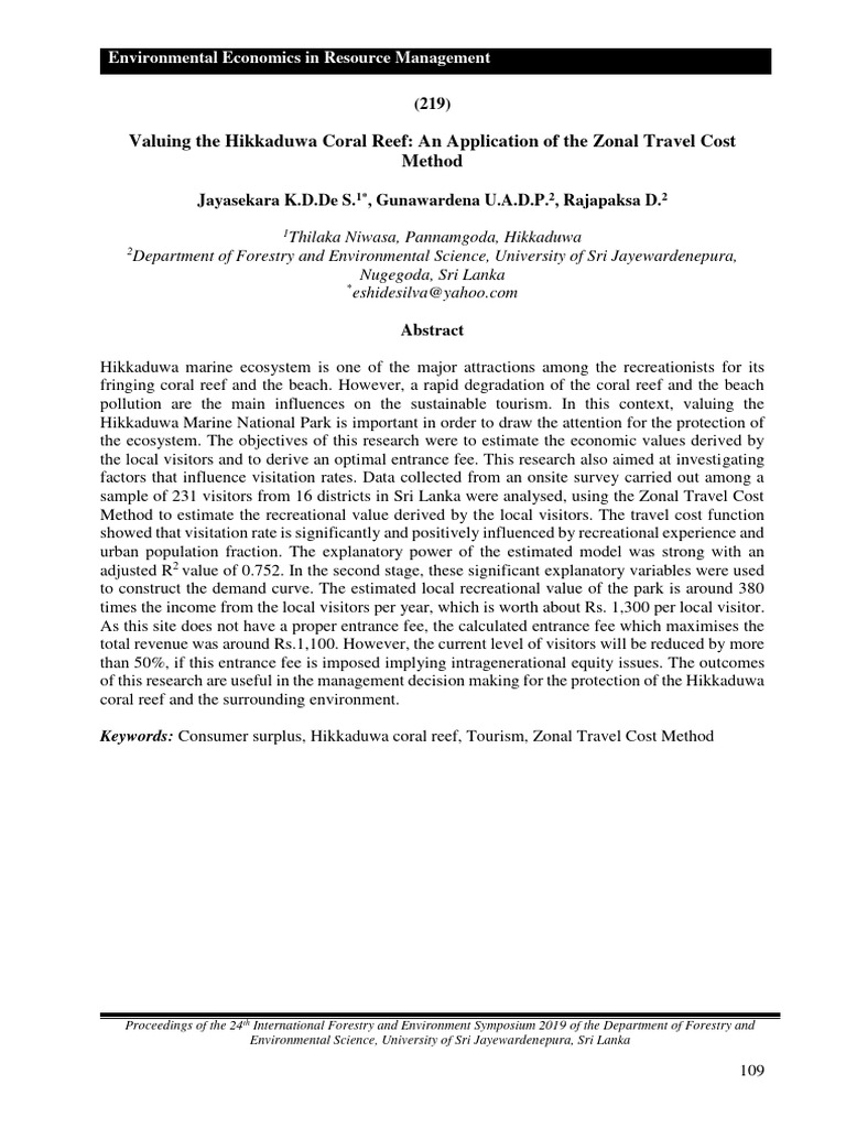 Valuing The Hikkaduwa Coral Reef An Appl | PDF | Coral Reef | Tourism