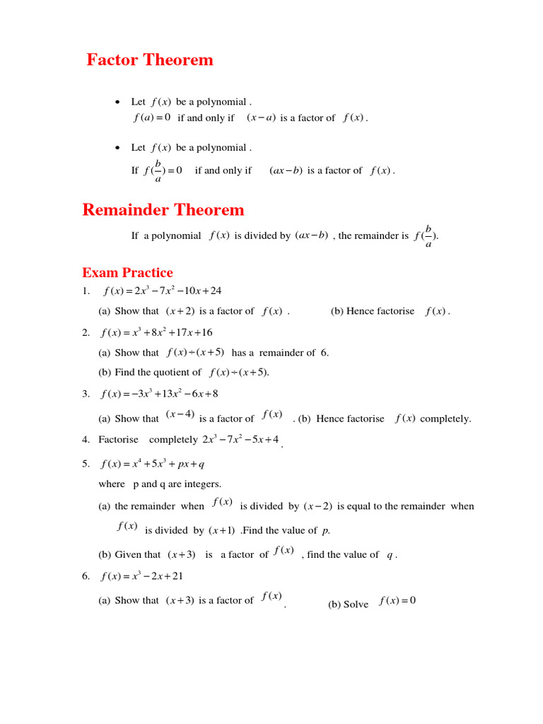 Chapter 3 Factor Theorem Remainder Theorem 1 | PDF | Factorization | Mathematical Concepts