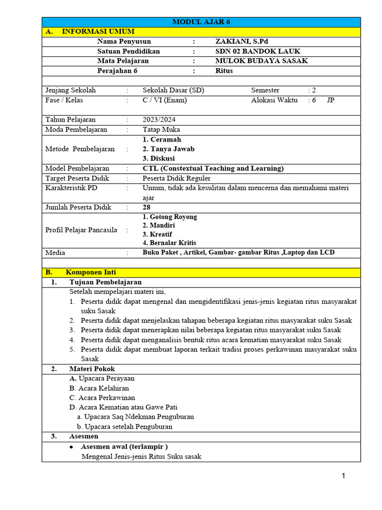Ritus Budaya Sasak untuk SD Kelas 6 | PDF | Karier & Perkembangan ...