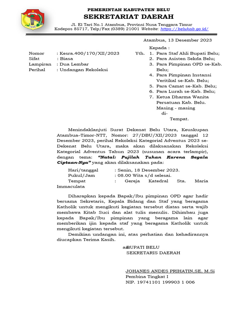 Surat Keluar SEKDA Rekoleksi 2023 | PDF