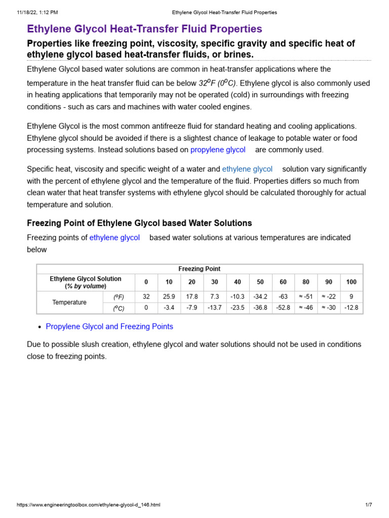 Ethylene Glycol Heat Transfer Fluid Properties | PDF | Coolant | Density
