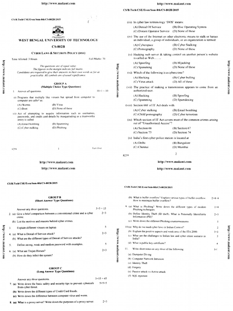 Btech Cse 8 Sem Cyber Laws and Security Policy 2015 | PDF