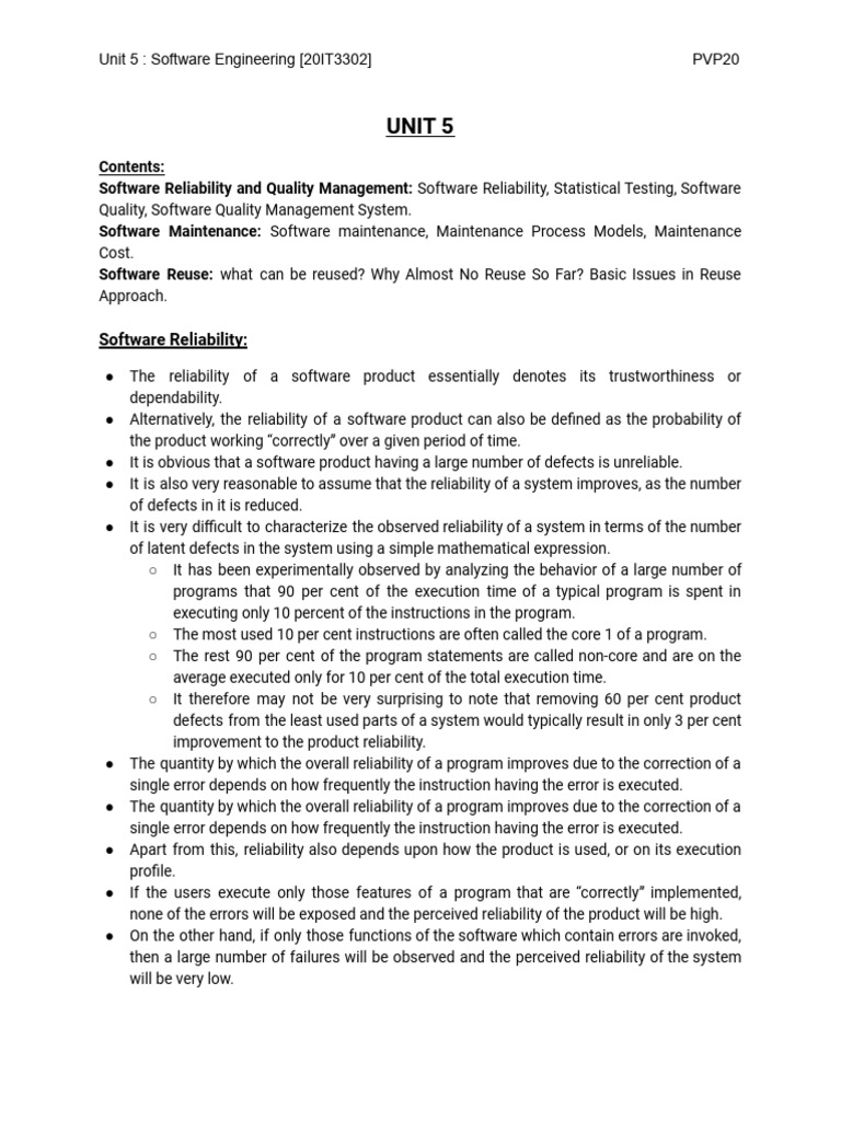 SE Unit5 22IT3302 | PDF | Reliability Engineering | Component Based Software Engineering