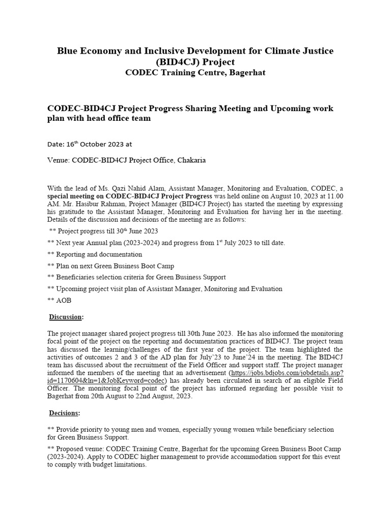 CODEC-BID4CJ Project Progress Sharing Meeting With Head Office Team | PDF