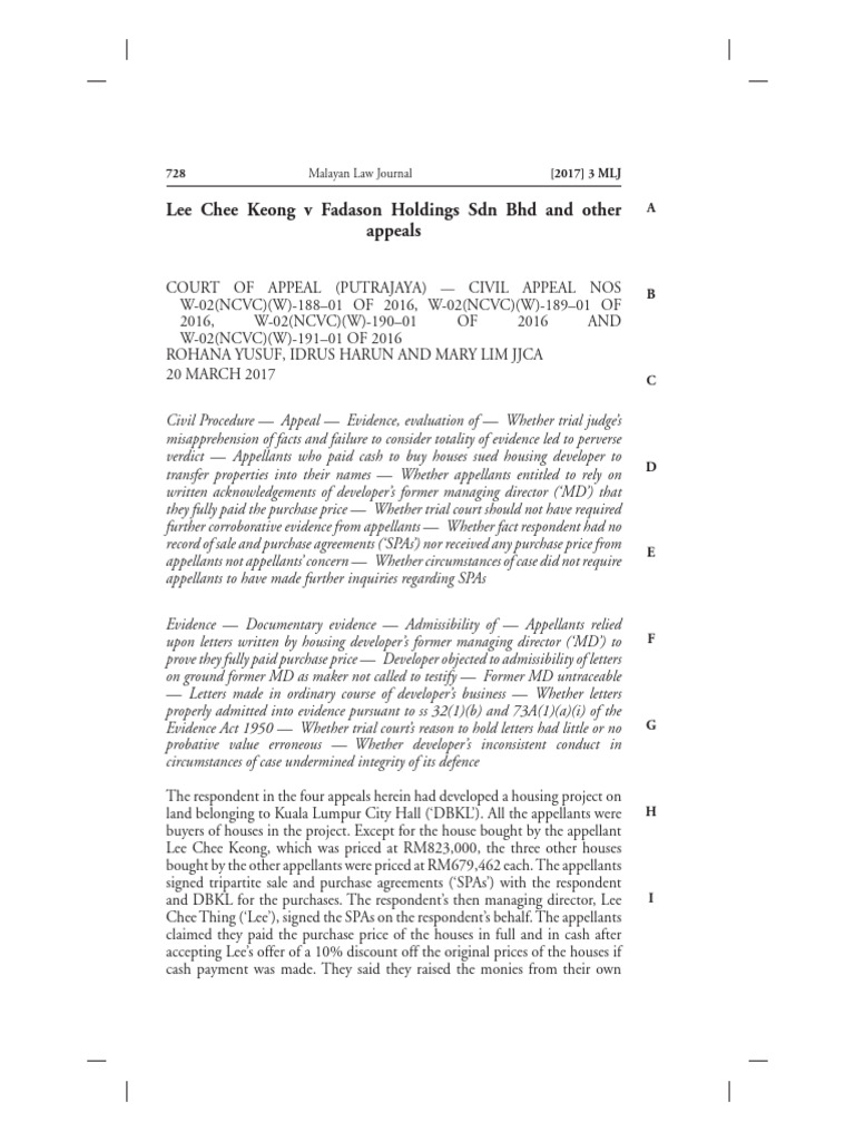 B3 - Lee Chee Keong V Fadason Holdings SDN BHD and Other Appeals | PDF ...