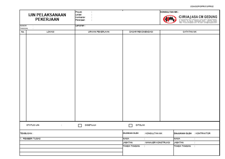 3 Form Ijin Pelaksanaan Pekerjaan | PDF