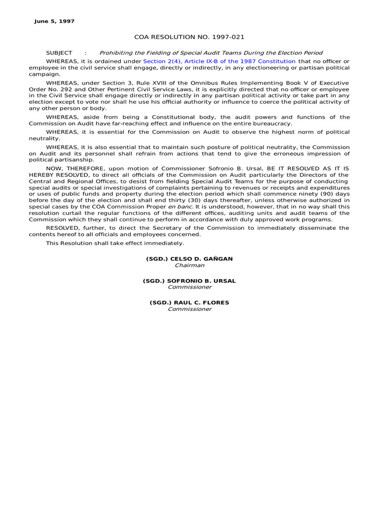 COA RESOLUTION NO. 1997-021 | PDF | Legal Documents | Governance