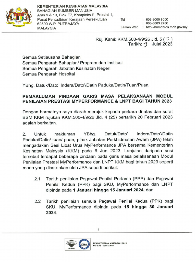 SURAT PINDAAN GARIS MASA PELAKSANAAN PENILAIAN PRESTASI LNPT ...