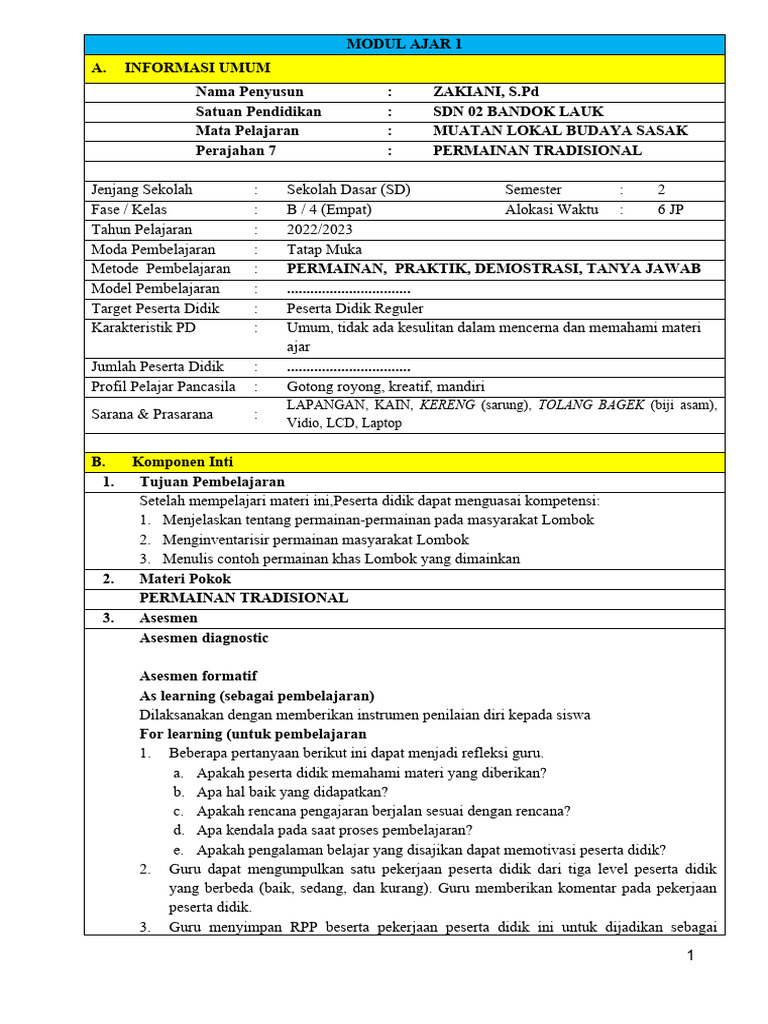 Modul Ajar 7 Permainan Tradissional | PDF