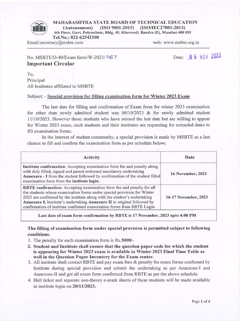 W23 Special Provision Exam Form | PDF