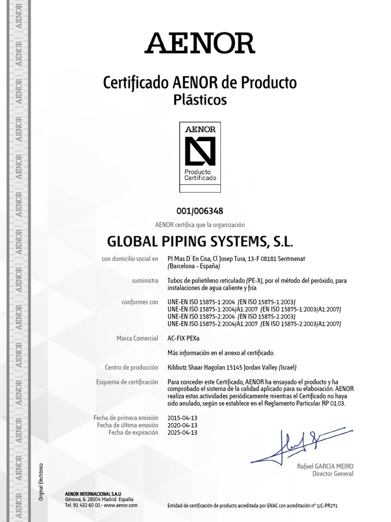 Certificado Aenor Tubos Ac Fix Pex A | PDF | Ingeniería mecánica ...