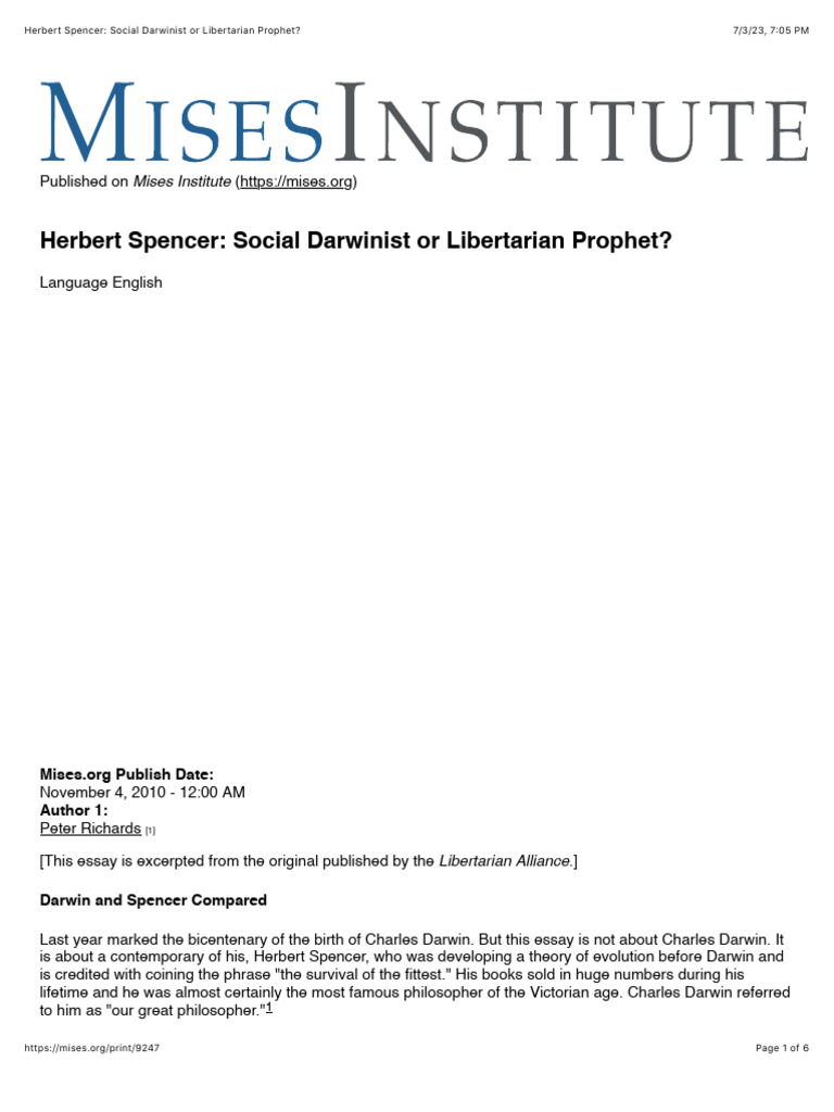 Herbert Spencer: Social Darwinist or Libertarian Prophet? | PDF ...