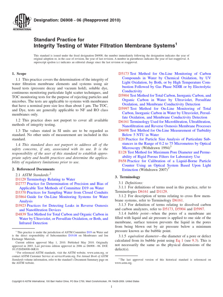 Integrity Testing of Water Filtration Membrane Systems: Standard ...