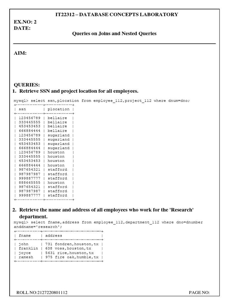 Joins and Nested Queries 112 Ex3 | PDF | Information Science | Cybernetics