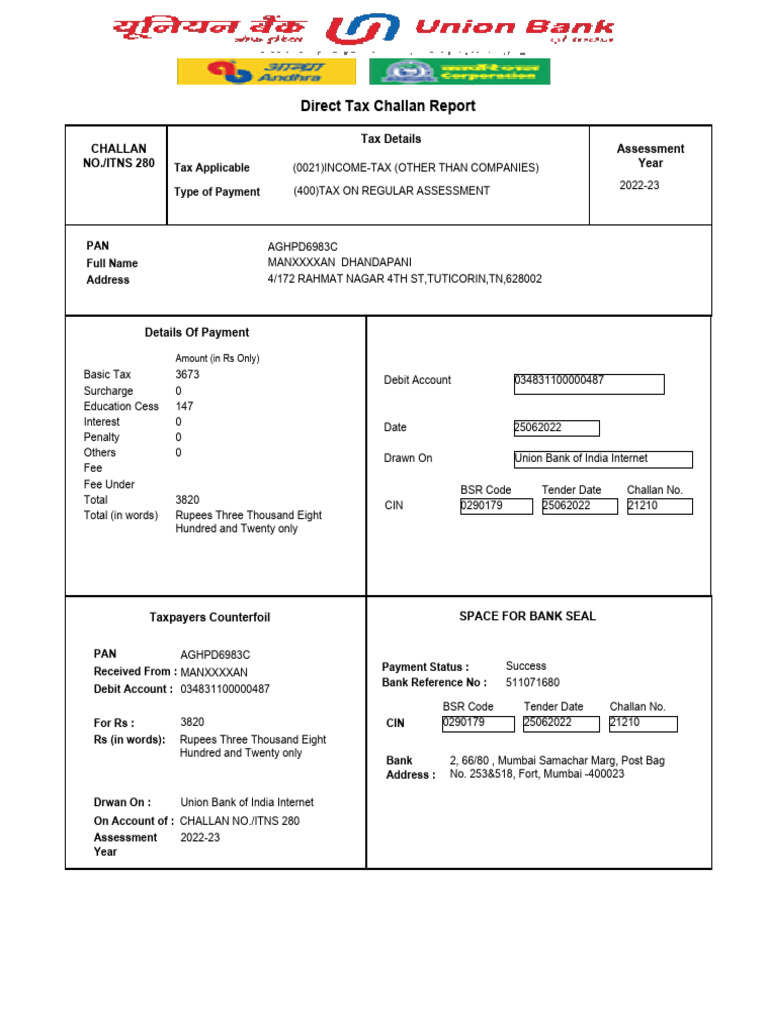 TDS Challan Copy for Income Tax Payment | PDF | Money | Taxation