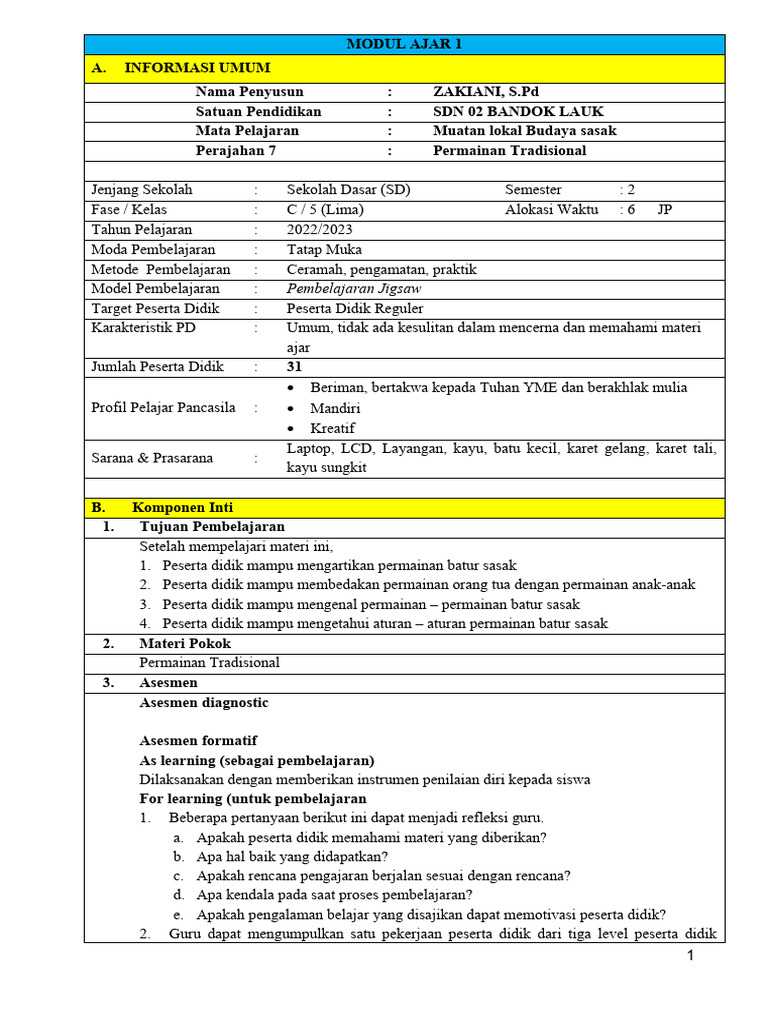 Modul Ajar 7 Permainan Tradisional | PDF