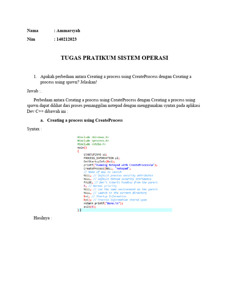 Perbedaan CreateProcess dan Spawn serta Thread | PDF