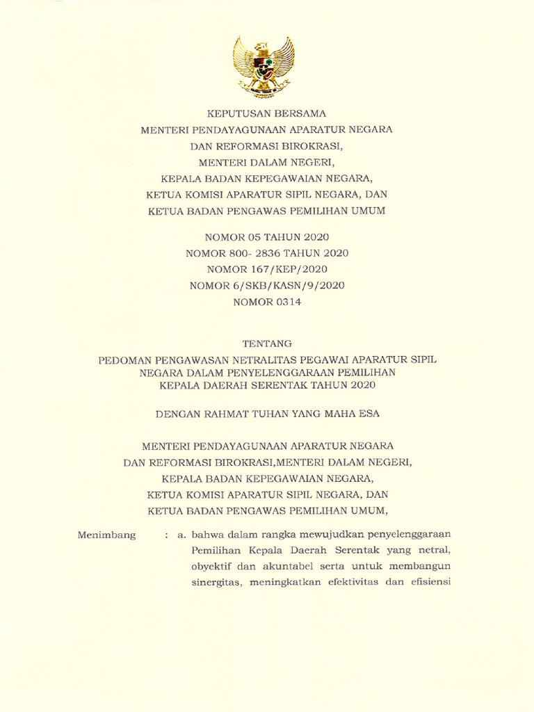 SKB 5 IP Pedoman Pengawasan Netralitas Pegawai ASN Dalam Penyelenggaraan Pemilukada Serentak ...