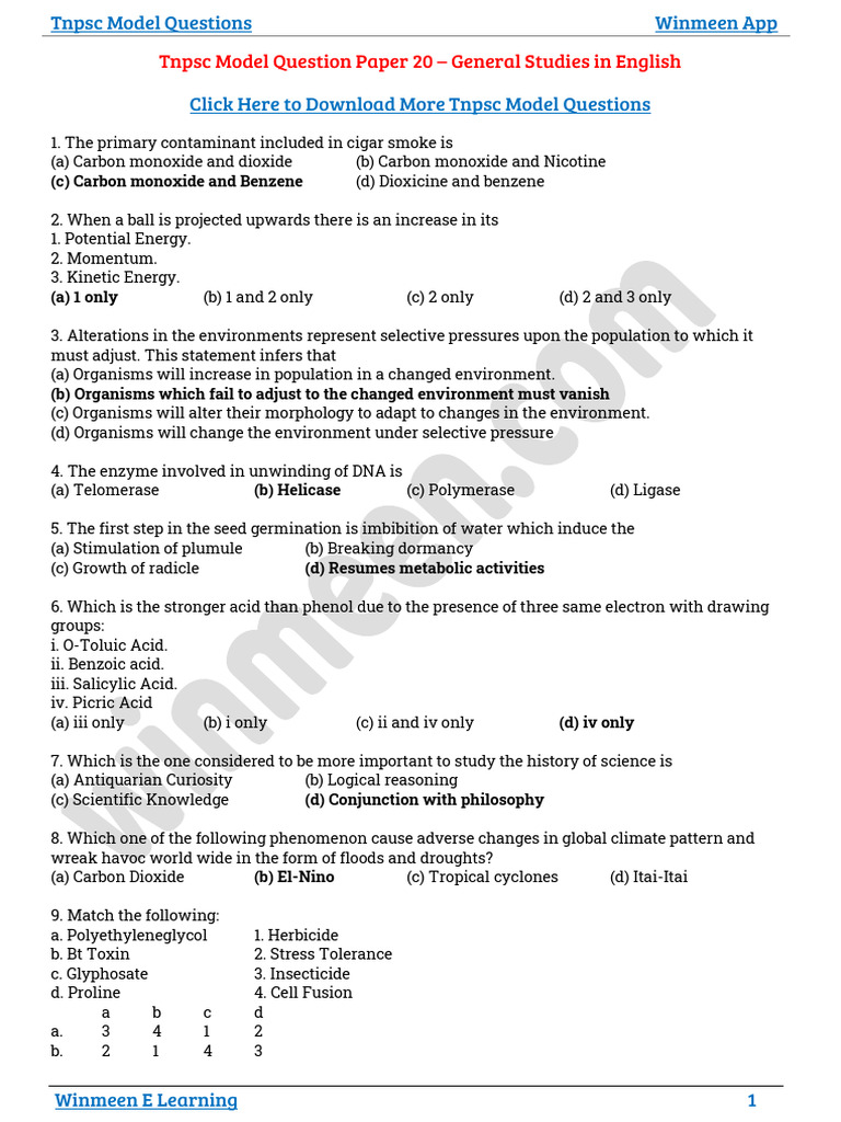 TNPSC Model Question Paper 20 - General Studies in English | PDF | Science & Mathematics