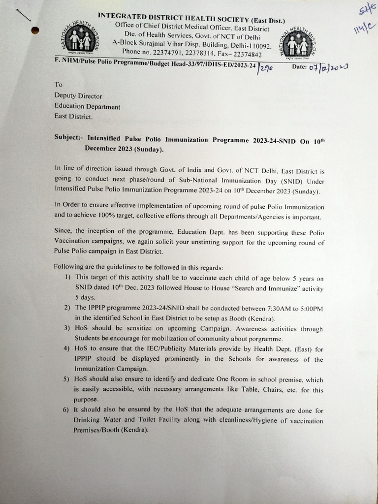 Letter To Deputy Director Education Department For Pulse Polio ...