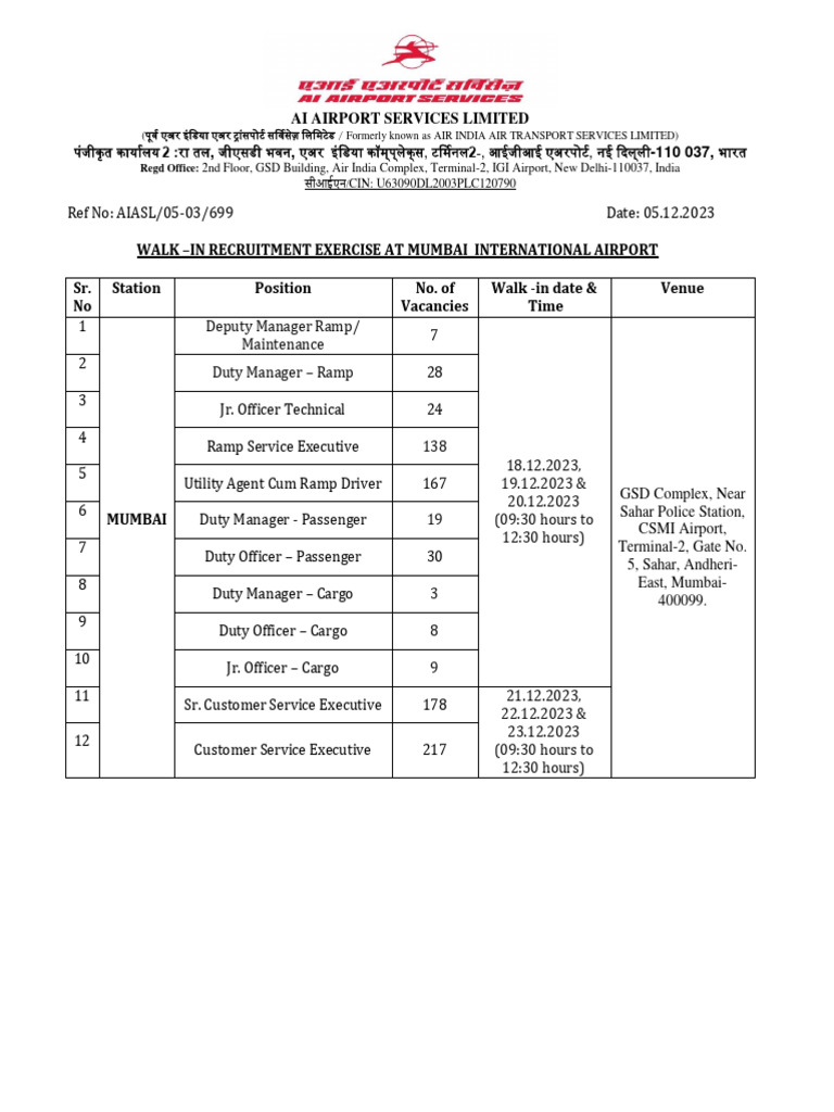 Mumbai Airport Walk-In Recruitment 2023 | PDF | Airport | Airlines