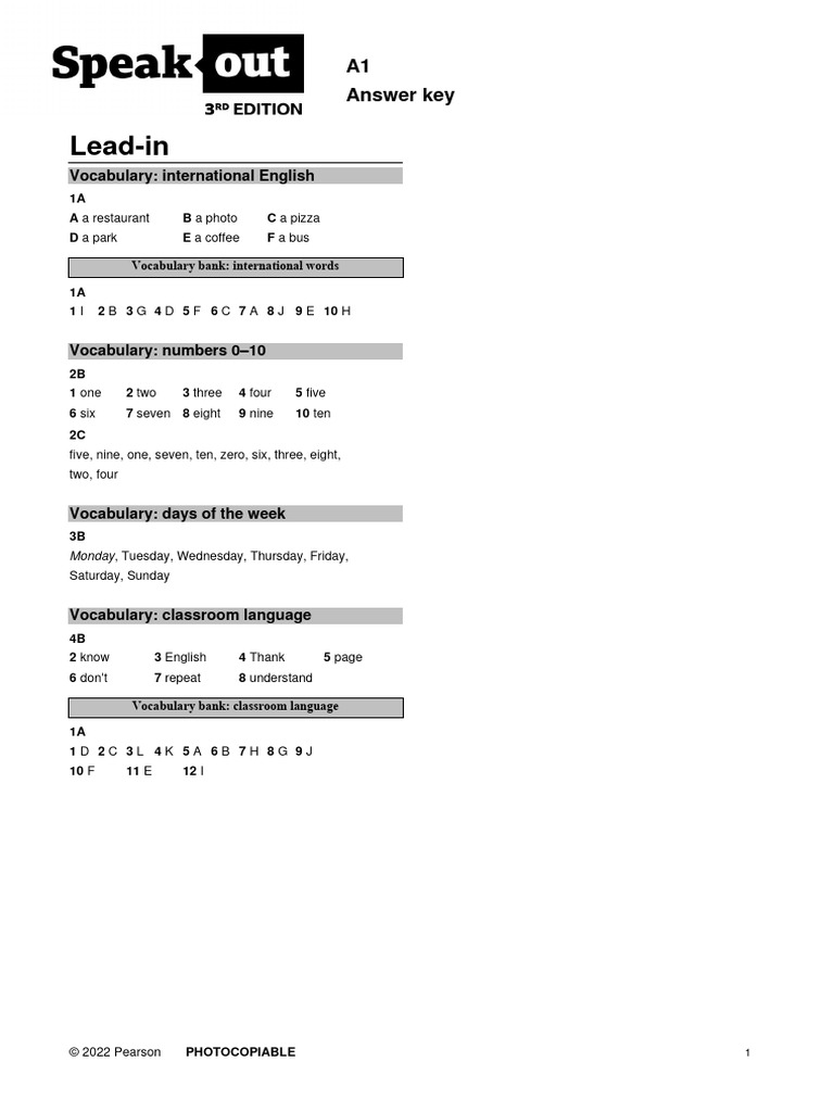 Lead-In: A1 Answer Key | PDF | Linguistics | Human Communication
