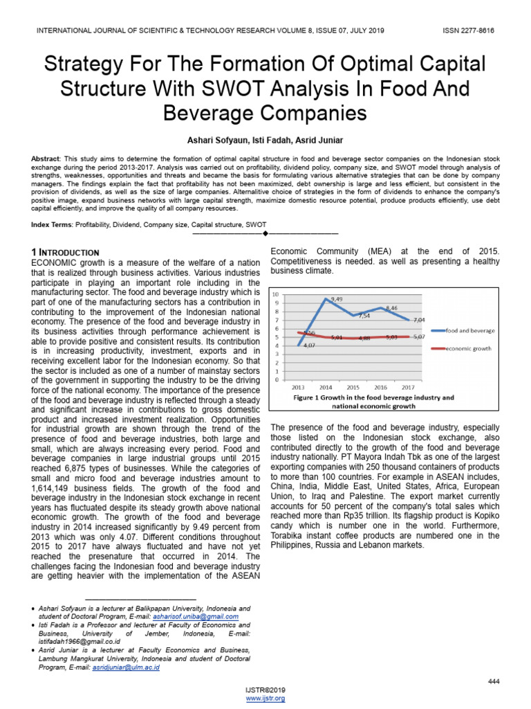 Strategy For The Formation of Optimal Capital Structure With Swot Analysis in Food and Beverage ...