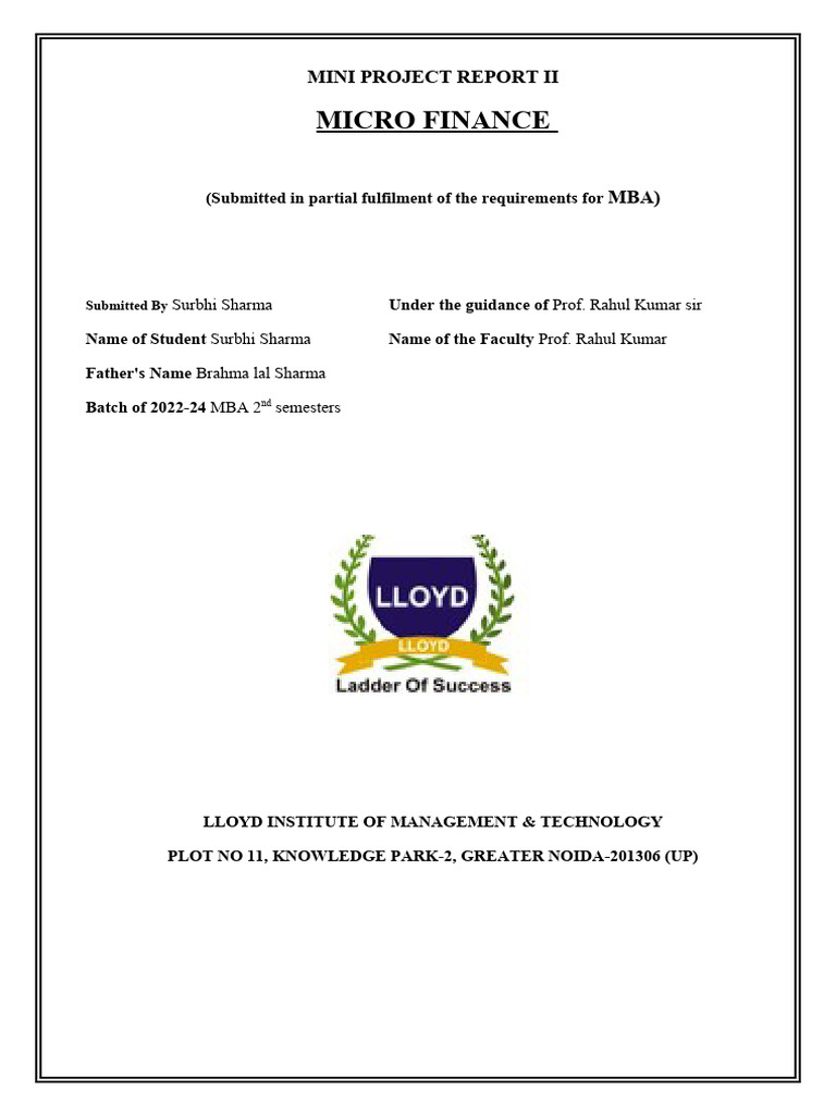 Microfinance Project Report for MBA | PDF | Microfinance | Microcredit