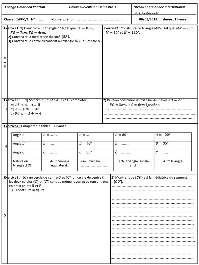 Classe 1apic 1 N Nom Et Prénom 09 01 2019 Durée 1 Heure Pdf