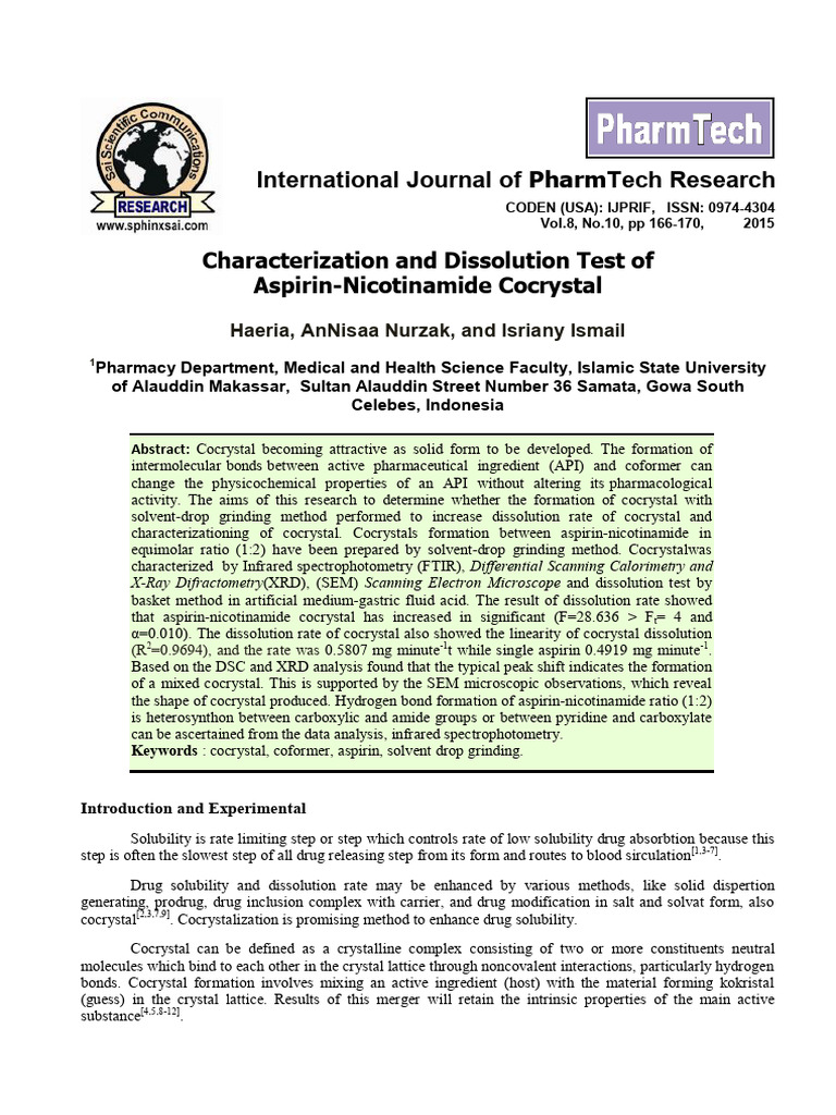 Characterization And Dissolution Test Of Asprin Nicotinamine Co Crystal