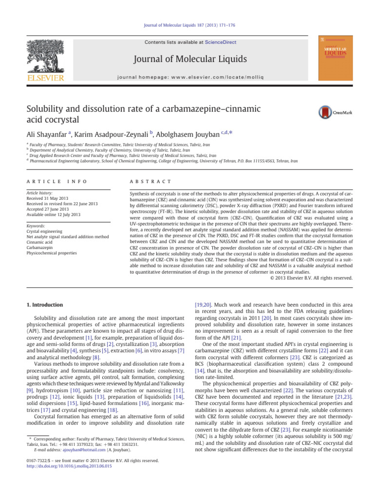 Carbamazepine-Cinnamic Acid Cocrystal Study | PDF | Solubility ...